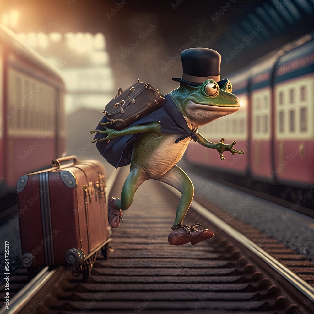 a frog with a hat and a suitcase running on a train track with a train ...