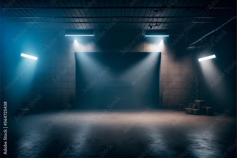 Dark stage location, dark blue background, empty dark room, neon light ...