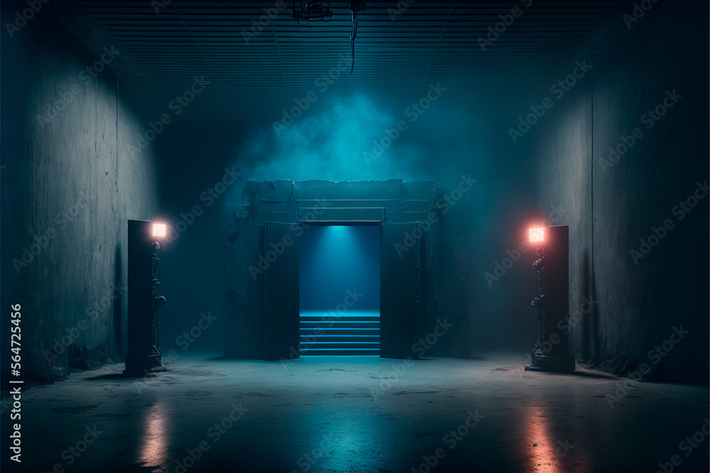 Dark stage location, dark blue background, empty dark room, neon light ...