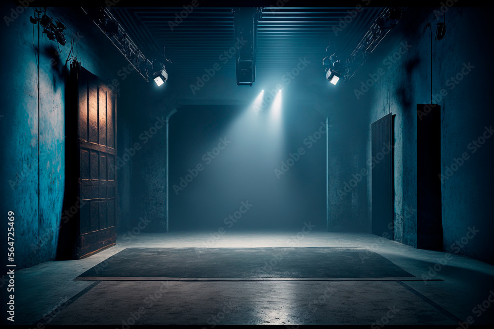 Dark stage location, dark blue background, empty dark room, neon light ...