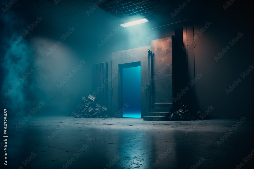 Dark stage location, dark blue background, empty dark room, neon light ...