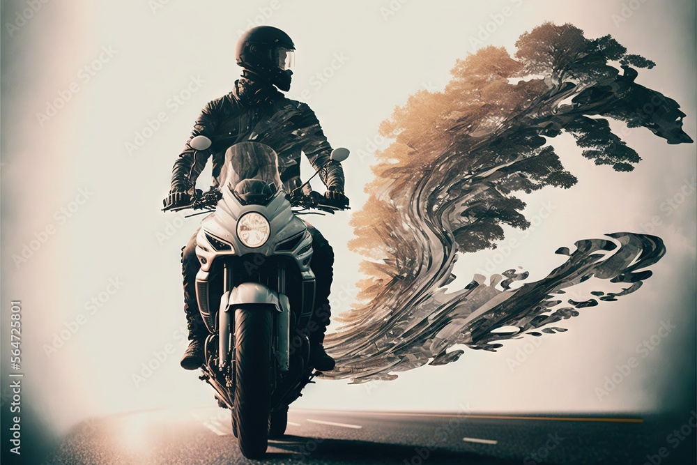 a man riding a motorcycle down a road next to a tree filled sky with ...