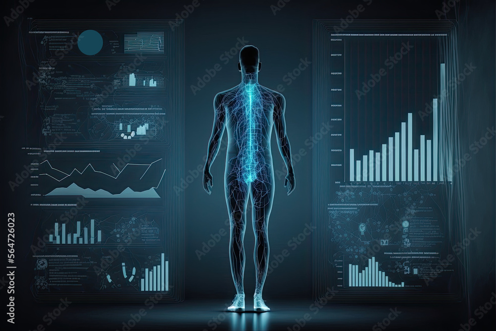 Human skeleton analyzing data and growth chart, technology asset ...