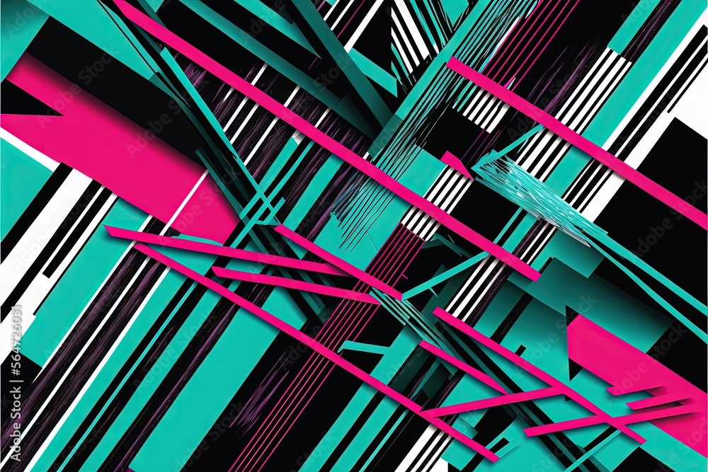 a very colorful abstract painting with lines and shapes in pink and ...