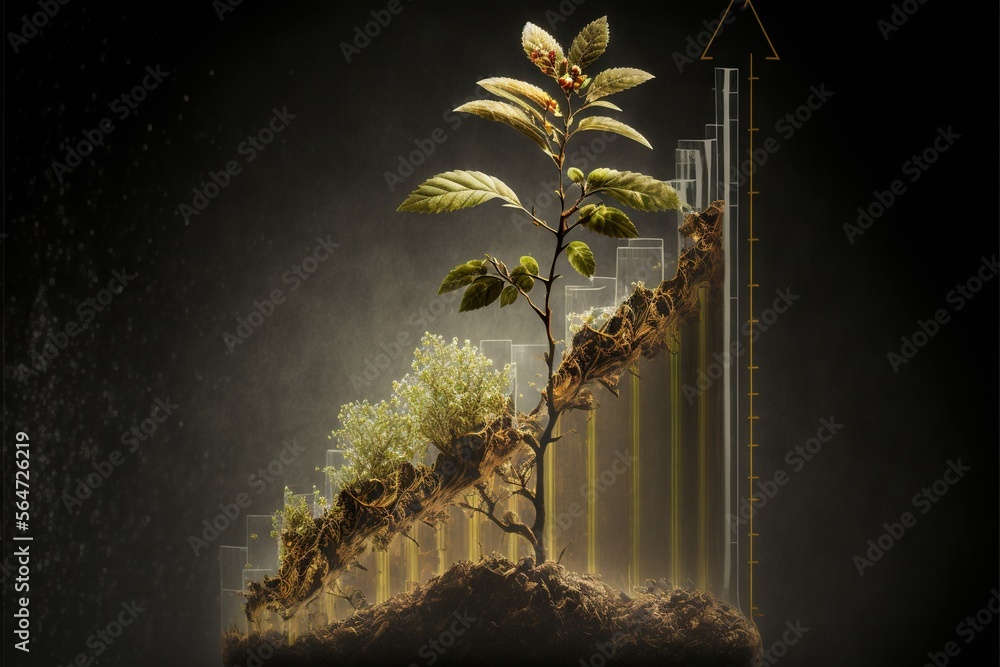a plant growing on top of a pile of dirt next to a tall building with a ...