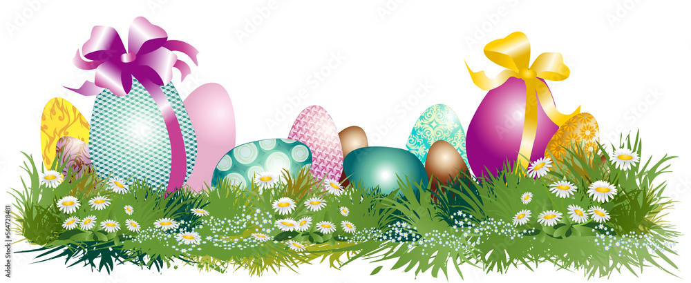 bandeau œufs de pâques colorés dans l'herbe sur fond transparent Stock Illustration | Adobe Stock