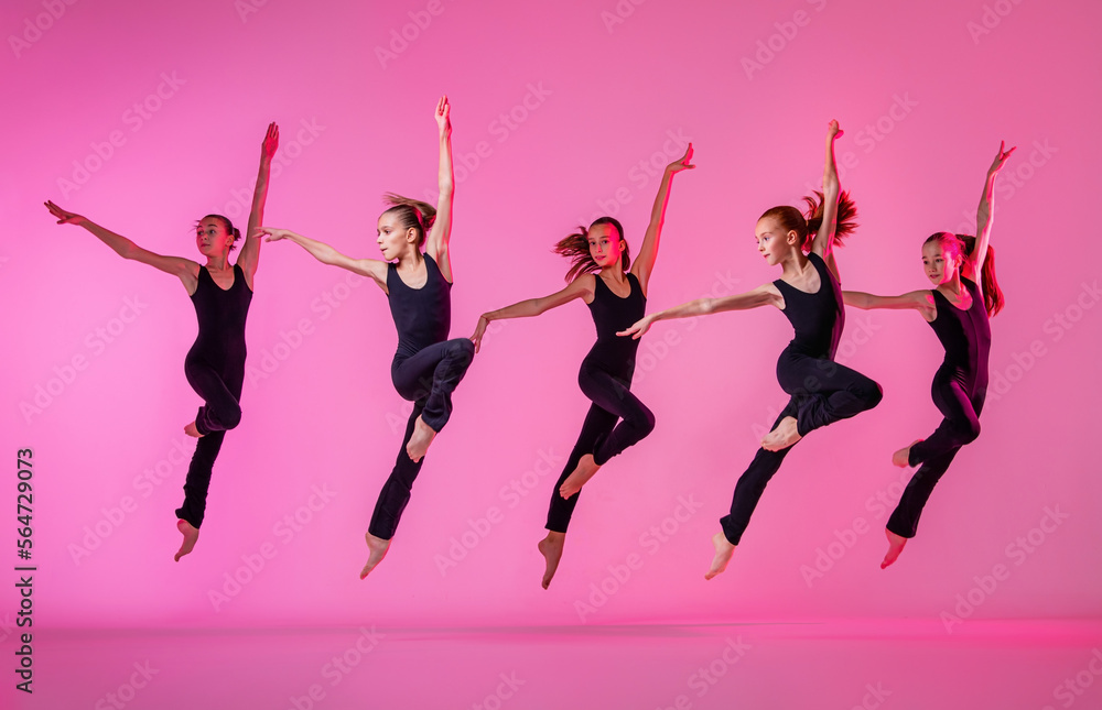 Сhildren dancing. Group of children, little girls in sportive style ...