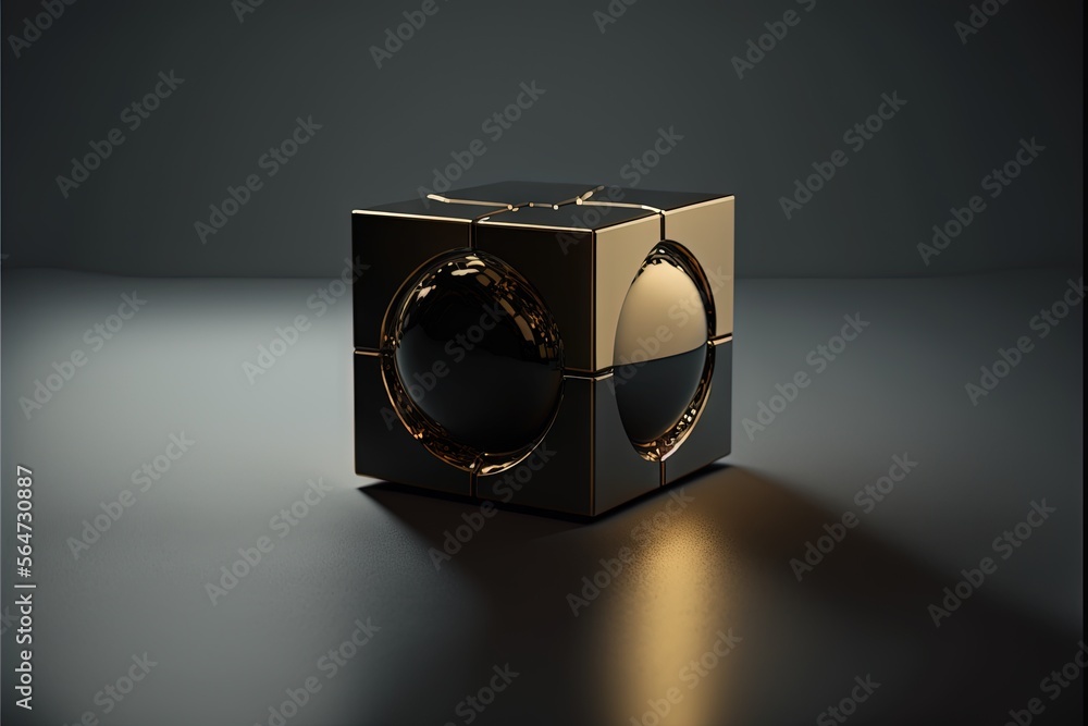 a black and gold box with a ring inside of it on a table with a black ...
