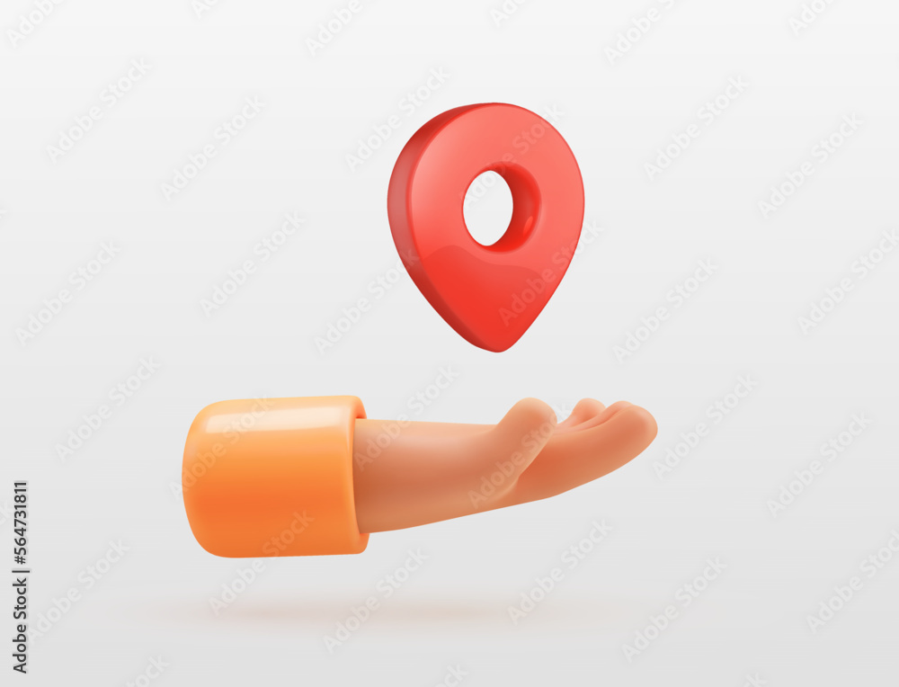 3d cartoon hand holding red geo tag pin vector illustration. Global ...