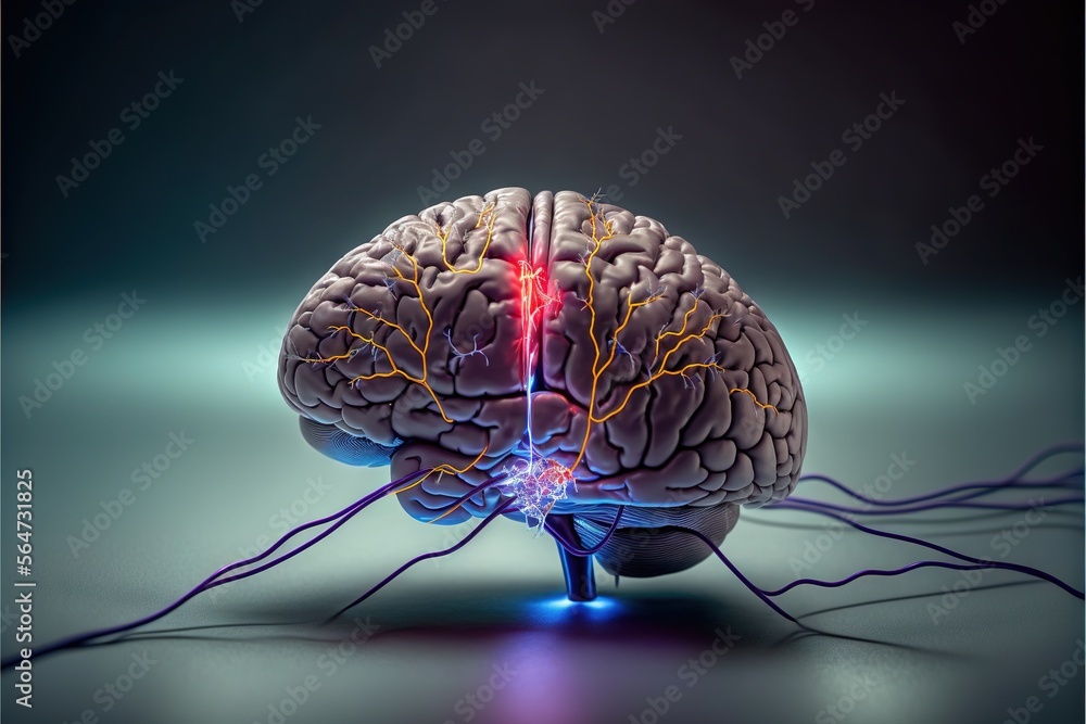 a brain with electrical cords running through it's center and a red ...