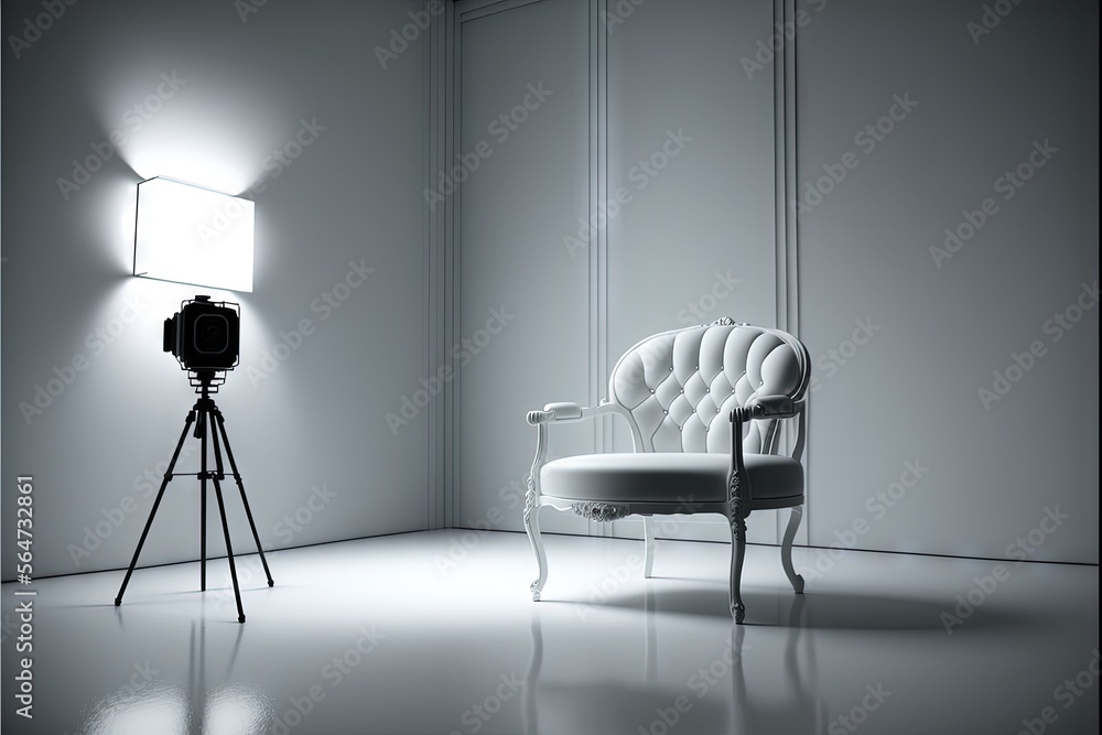 a chair and a camera in a room with a light on the wall and a light on ...