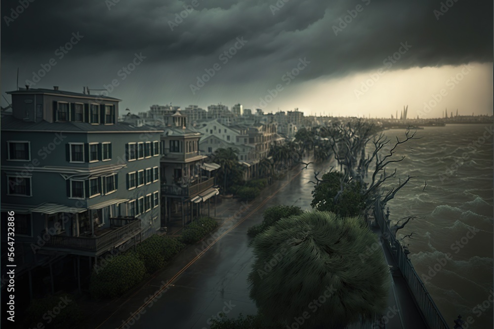 a city street with a storm moving in the background and a dark sky with ...