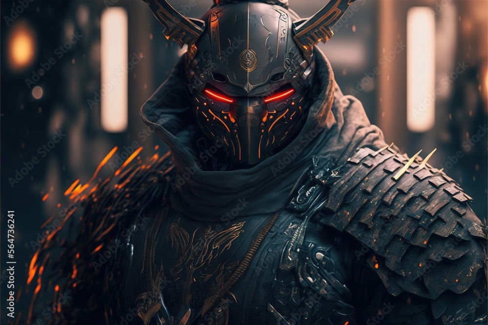 Ilustrace „Armed samurai character in futuristic cyberpunk, dark colors ...