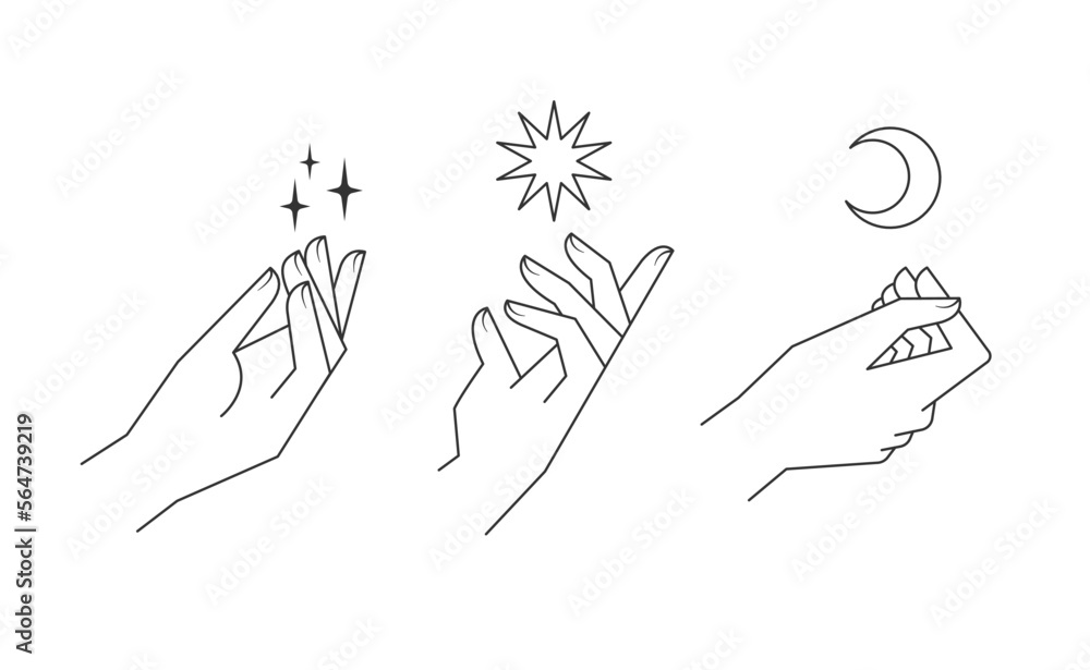 Aesthetic hands vector linear illustrations. Stylized elegant hand ...