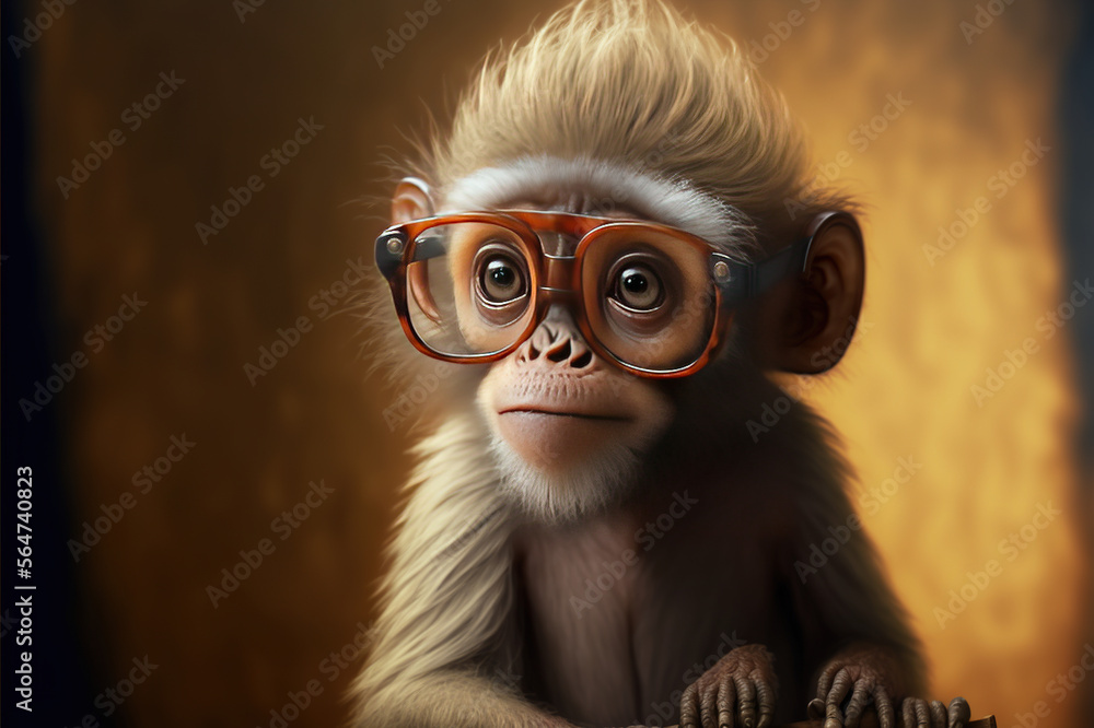 Cute little brown monkey with glasses in front of studio background. AI ...