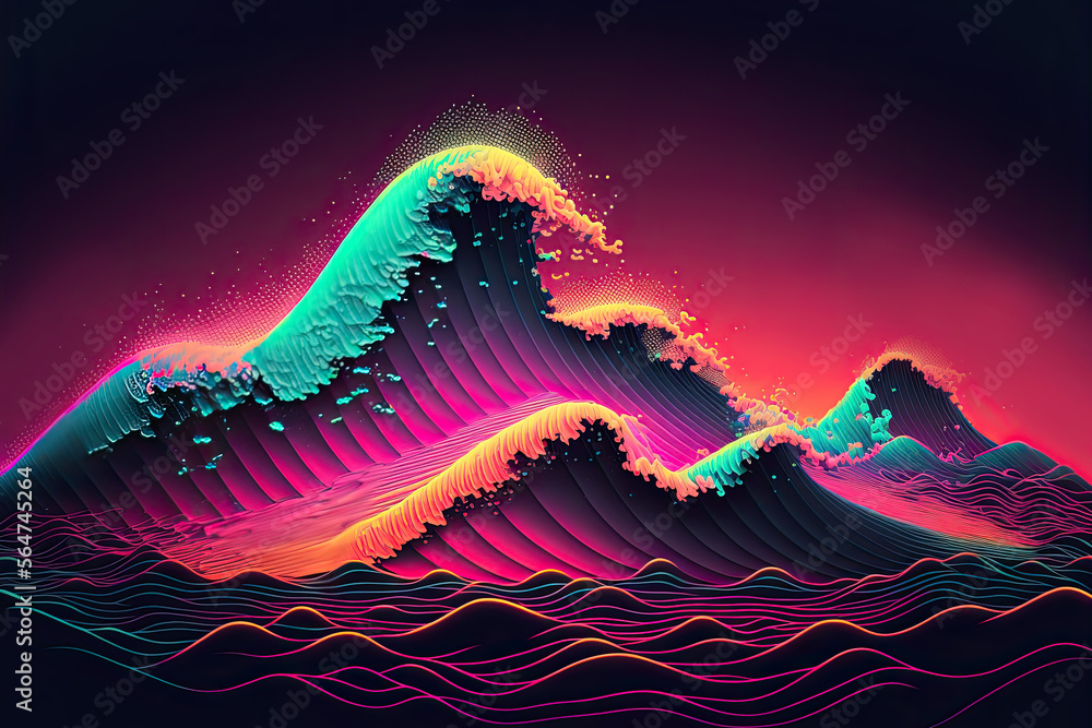 Retro synthwave background in neon colors. Beautiful sea waves in 80s ...