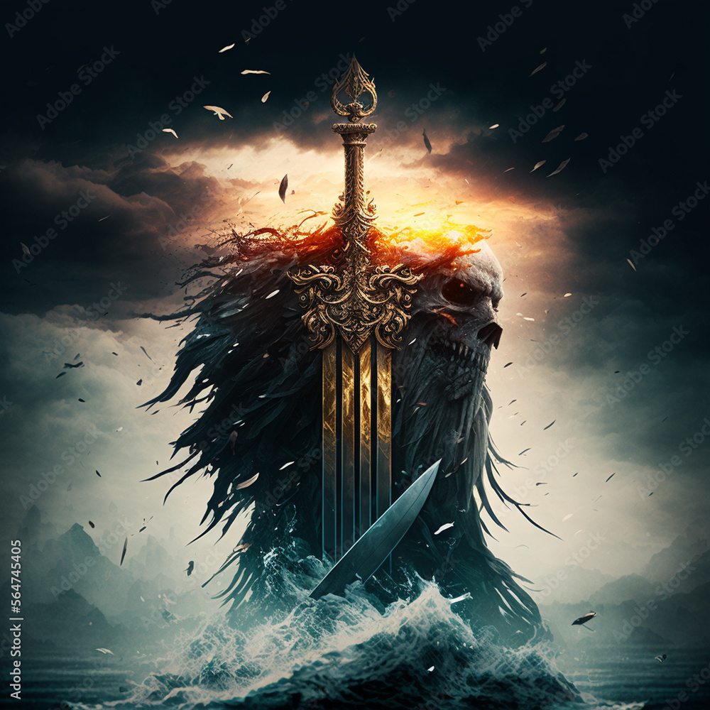 ilustration a golden sword stuck in the ocean with a skull in fantasy ...