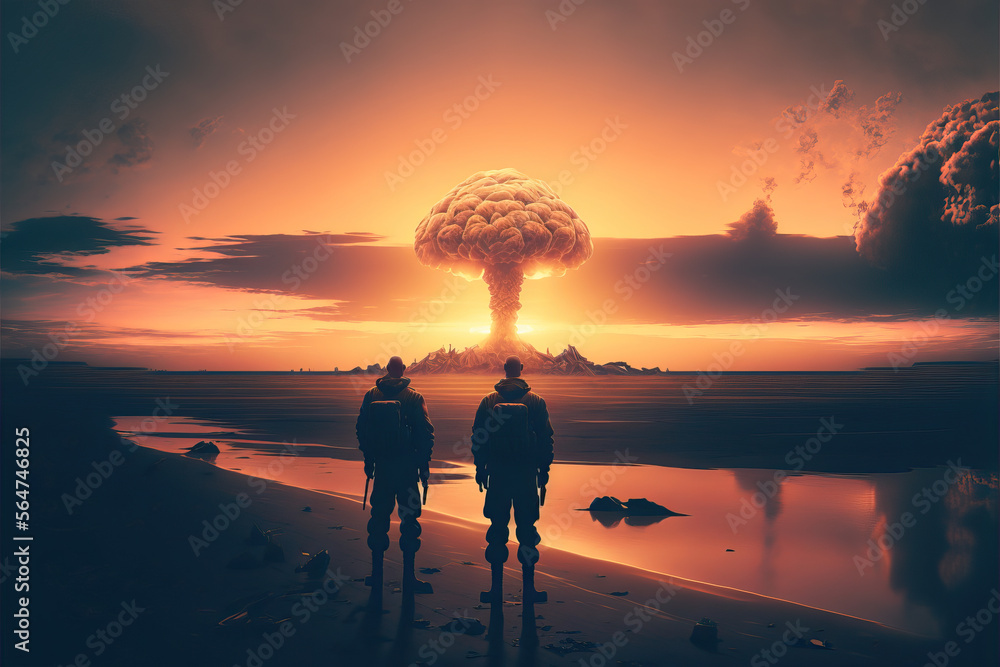 Two desperate soldiers look at the nuclear apocalypse with lowered ...