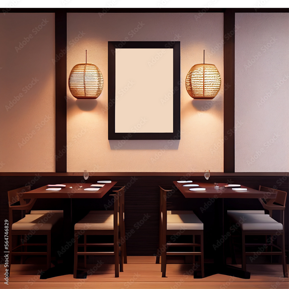 Mockup of a blank picture frame on the wall of a Japanese restaurant ...