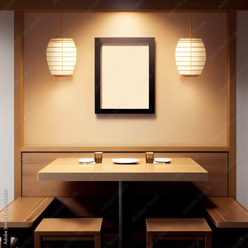 Mockup of a blank picture frame on the wall of a Japanese restaurant ...