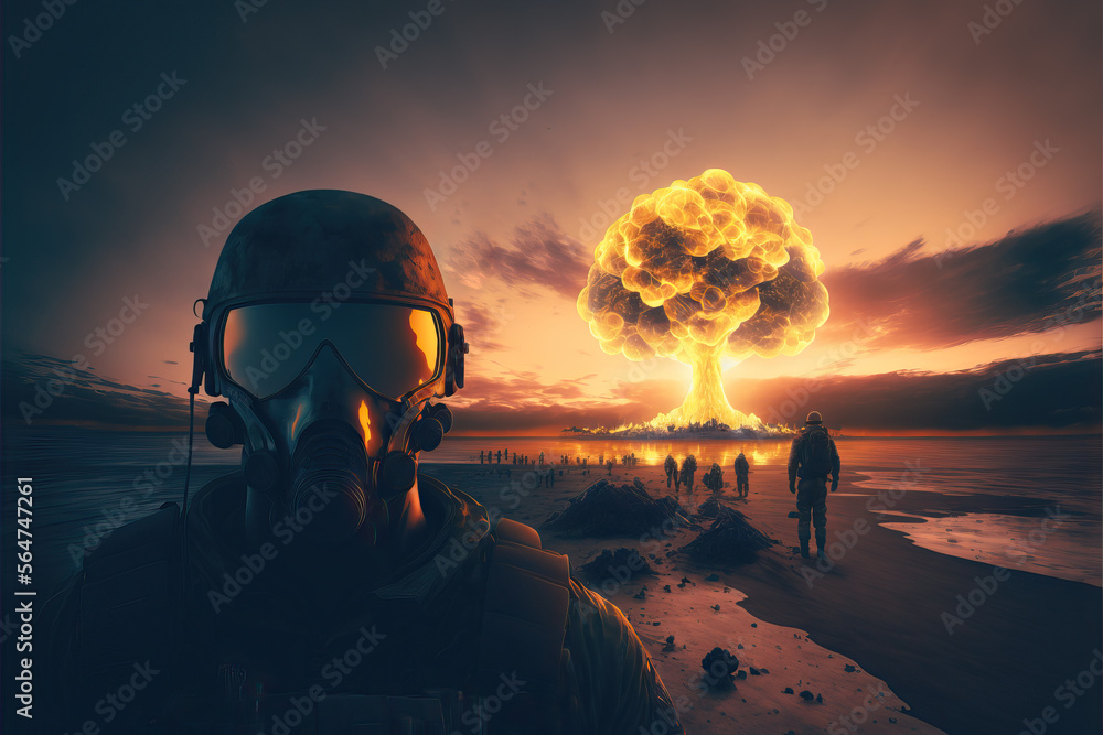 Portrait of a soldier in front of a mushroom created by a nuclear ...