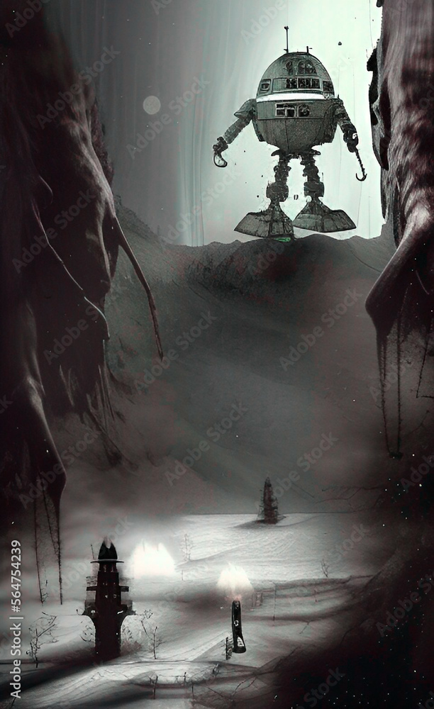 Creepy Comic robot spaceship Alien on a strange planet landscape Stock ...