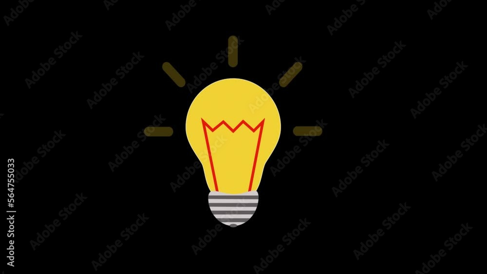 Illustrated animation of a blinking light bulb on a black background ...