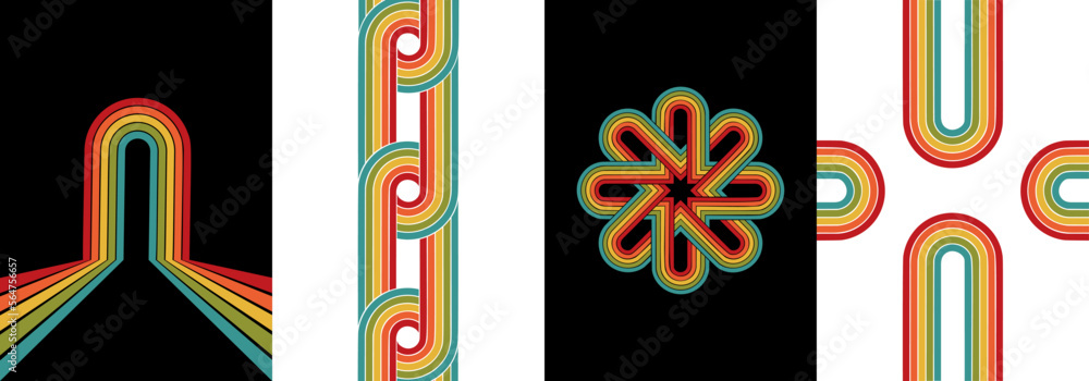 Retro background set with rounded stripes design element in rainbow ...