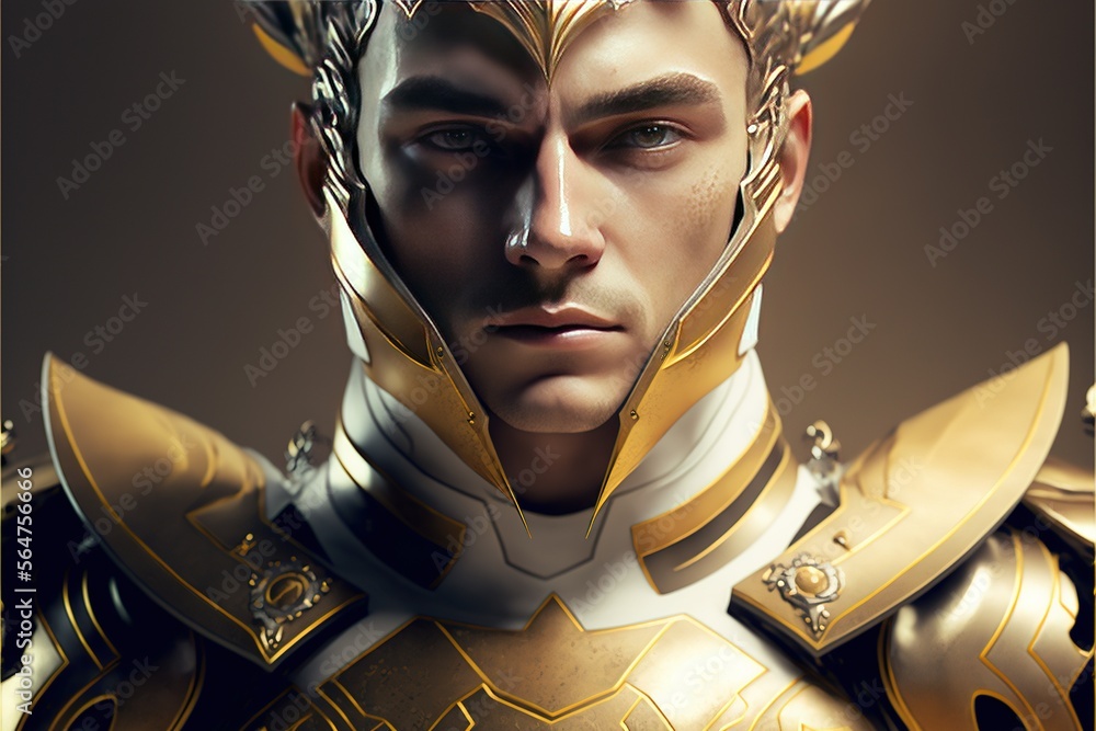 Portrait of an elite soldier, equipped in golden-white brights ...