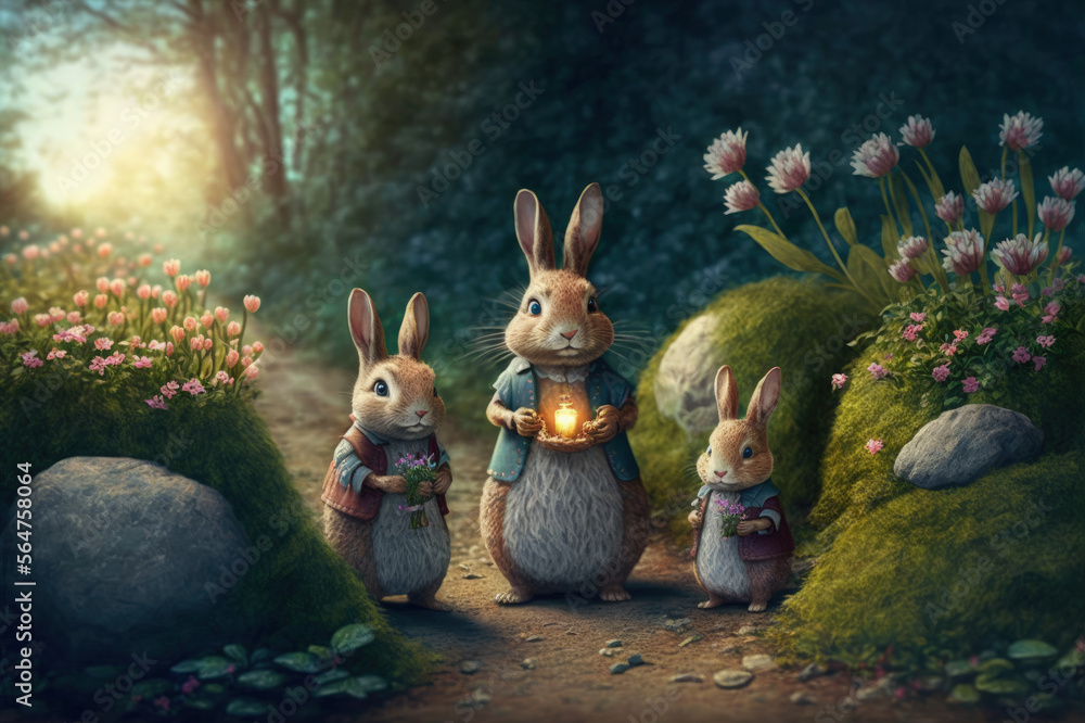 Easter illustration with anthropomorphic Easter bunnies, classic ...