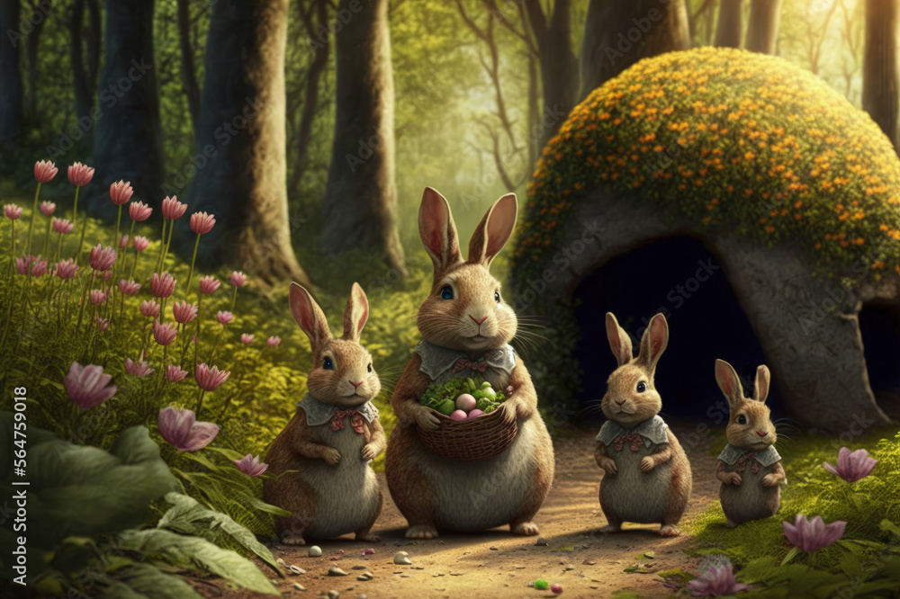 Easter illustration with anthropomorphic Easter bunnies, classic ...