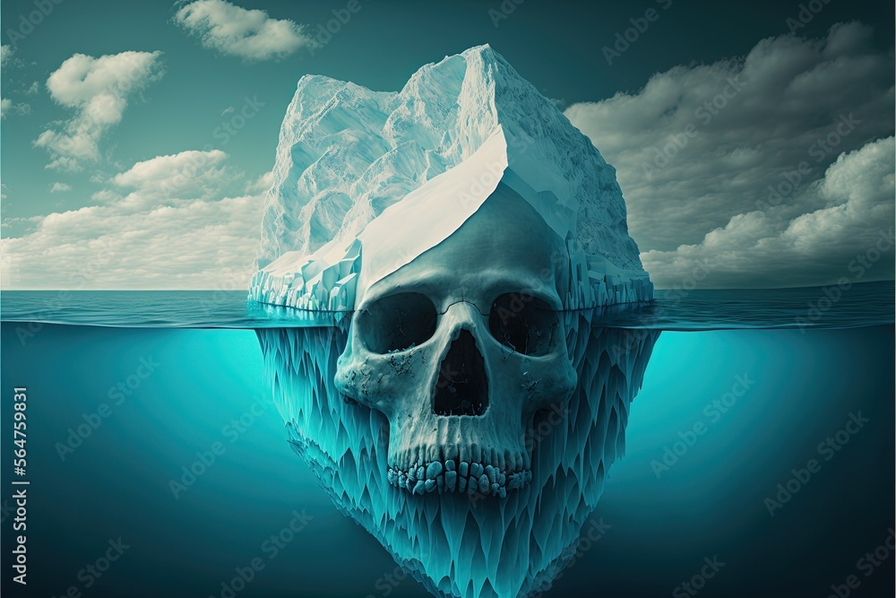 Illustration of an iceberg in the shape of a human skull in the sea ...