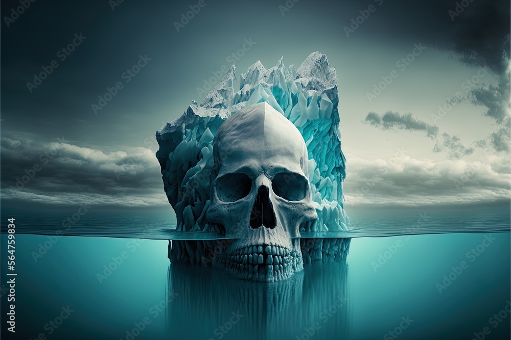 Illustration of an iceberg in the shape of a human skull in the sea ...