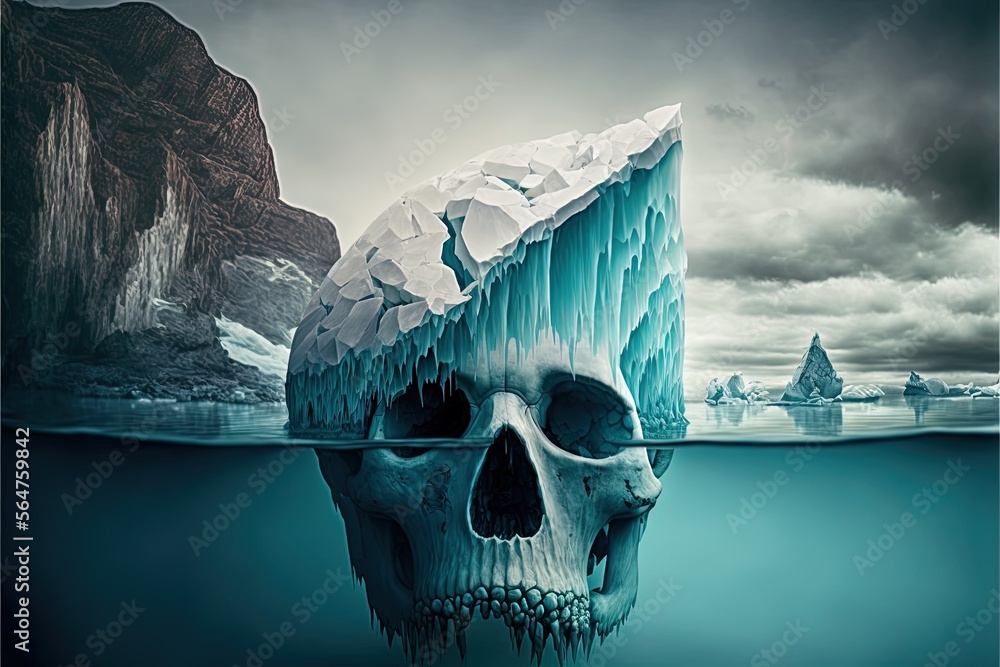 Illustration of an iceberg in the shape of a human skull in the sea ...