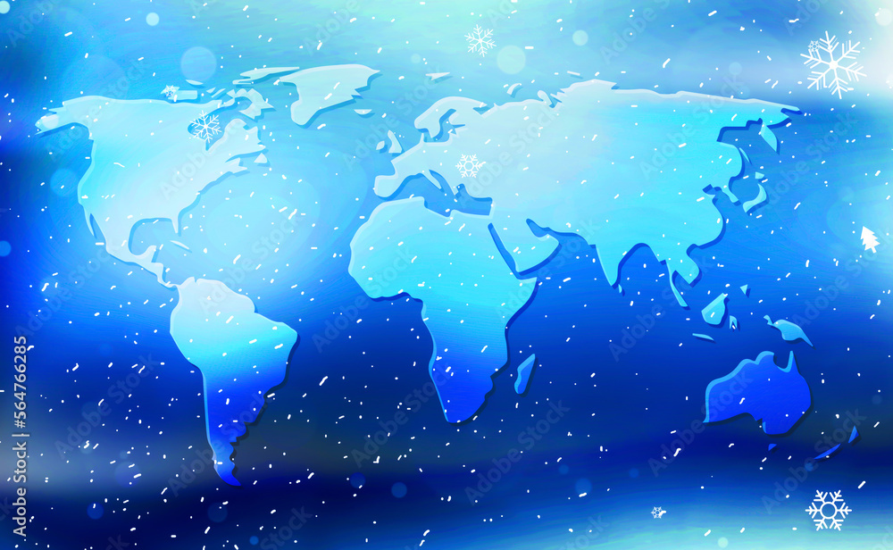 Cold Climate with snow winds and snow falling on the world map ...