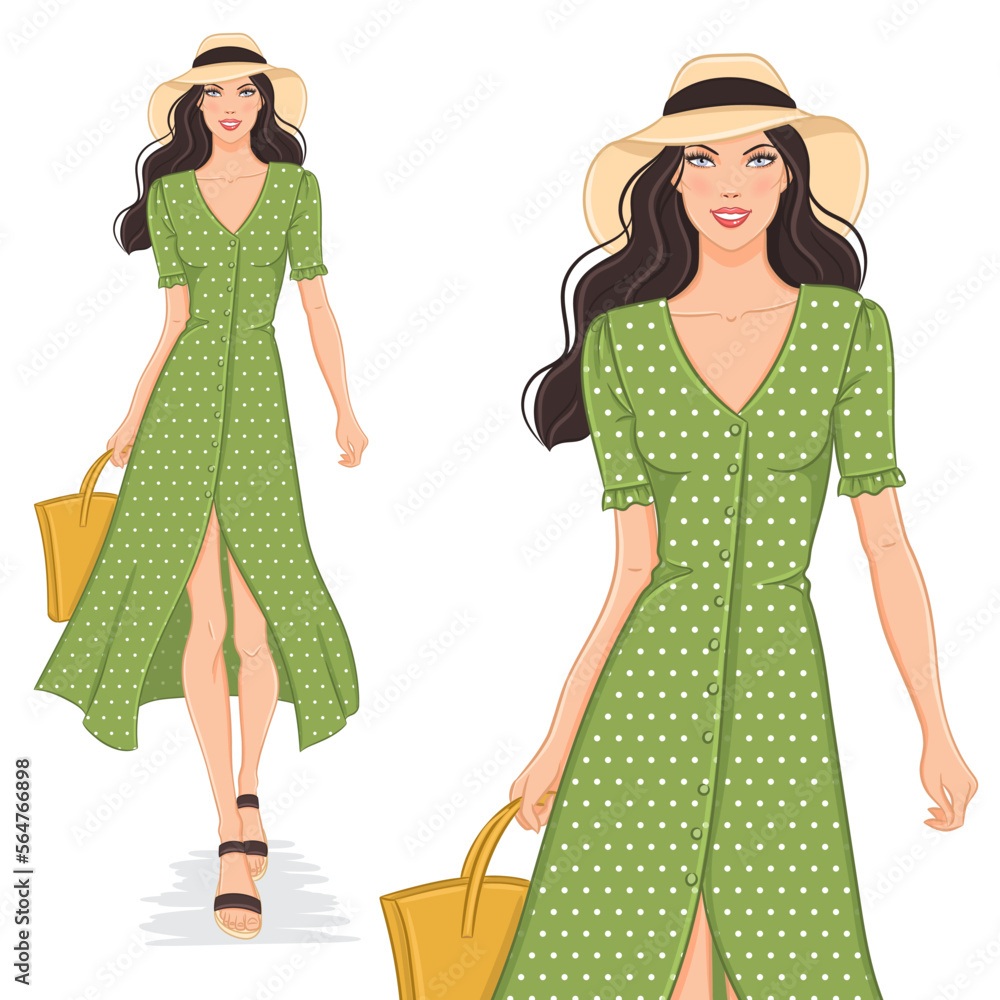 Vector fashion illustration of a beautiful young smiling woman in a ...