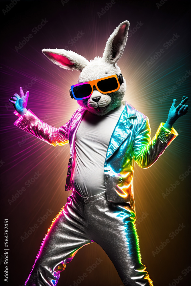 Easter illustration with anthropomorphic Easter bunny as disco dancer ...