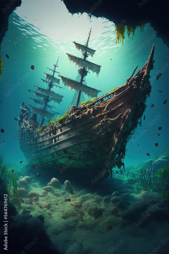 Underwater Pirate Shipwreck Painting
