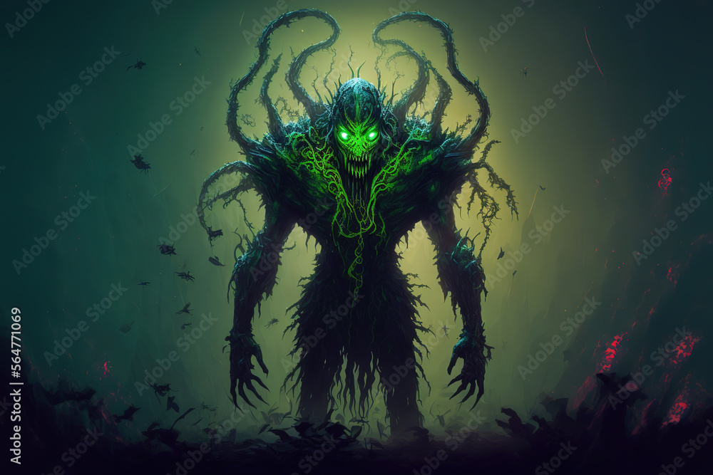 a demonic creature standing in front of a green background, concept art ...