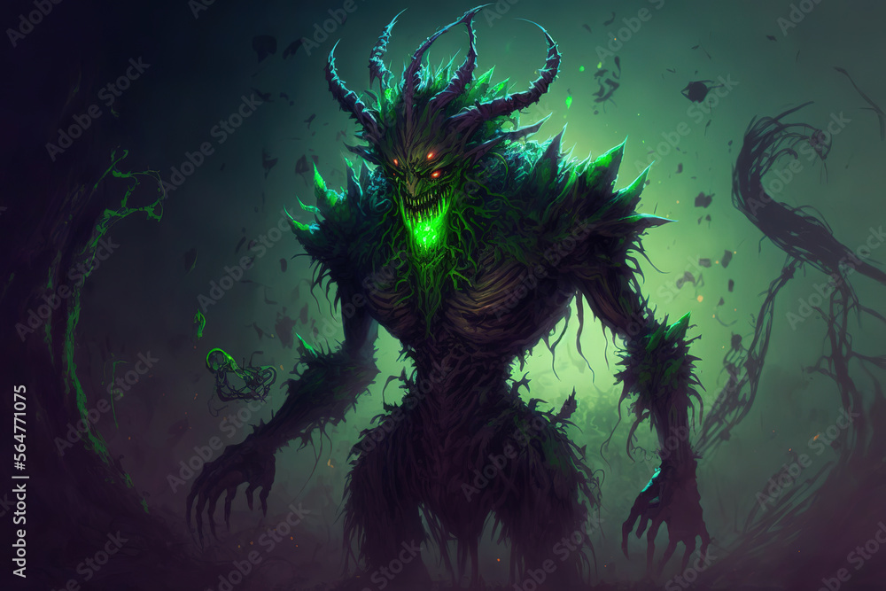 a demonic creature standing in front of a green background, concept art ...