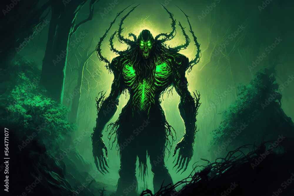 a demonic creature standing in front of a green background, concept art ...
