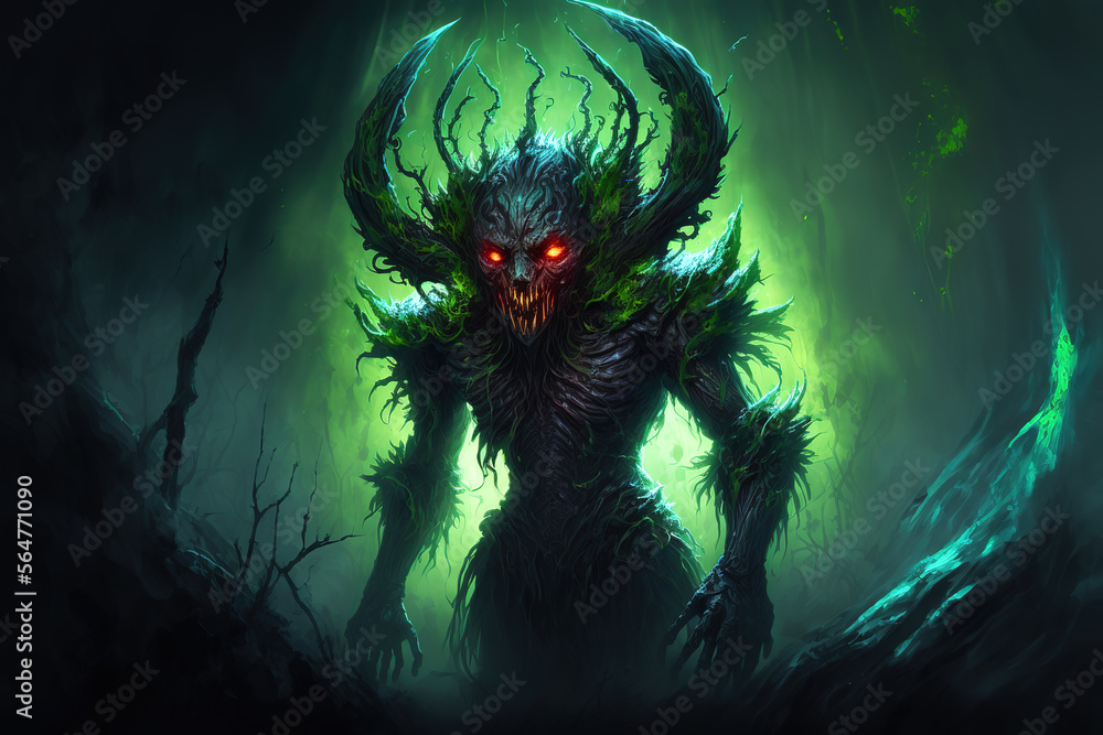 a demonic creature standing in front of a green background, concept art, cosmic horror, hellish ...