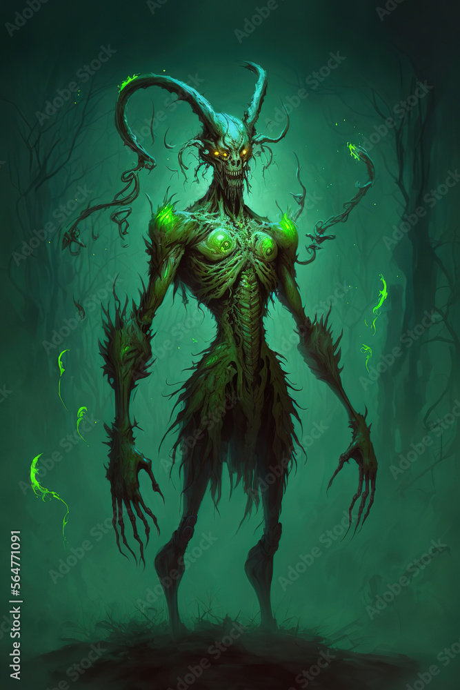 a demonic creature standing in front of a green background, concept art ...