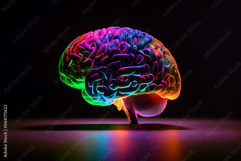 Neon brain on a black background. Created with Generative AI technology ...
