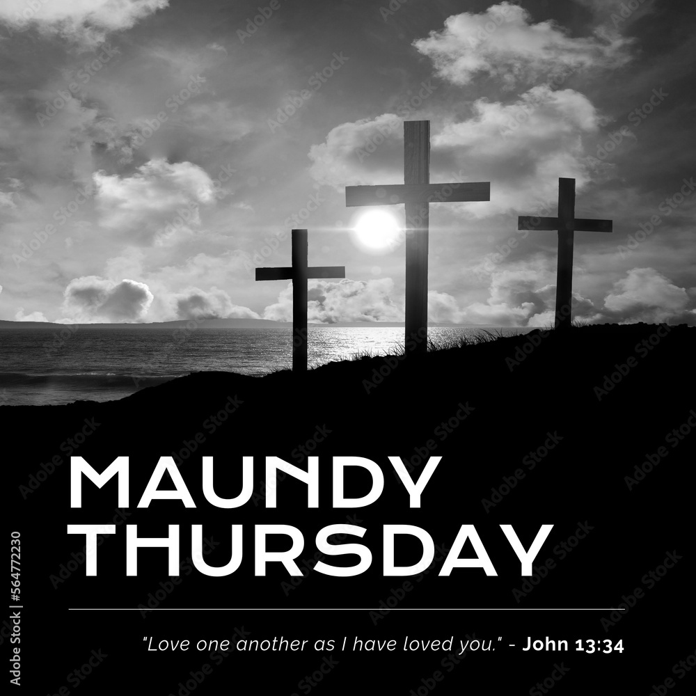 Composition of maundy thursday text over crosses and sky with clouds ...