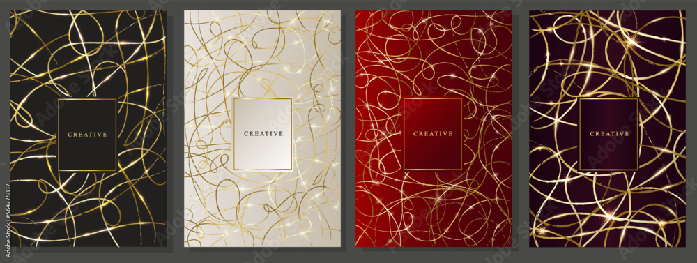 Set of deluxe covers with gold doodles. Curved, plucked and shimmering ...