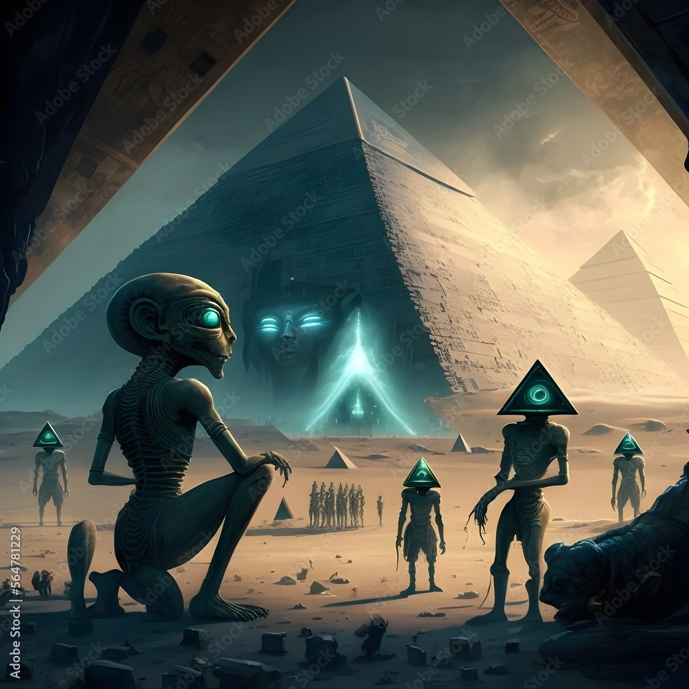 aliens teaching Egyptians how to make the pyramids aliens look like Egyptian gods a small aliens ...
