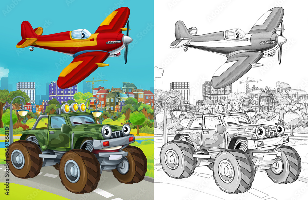 cartoon scene with military army different duty vehicles on the road ...