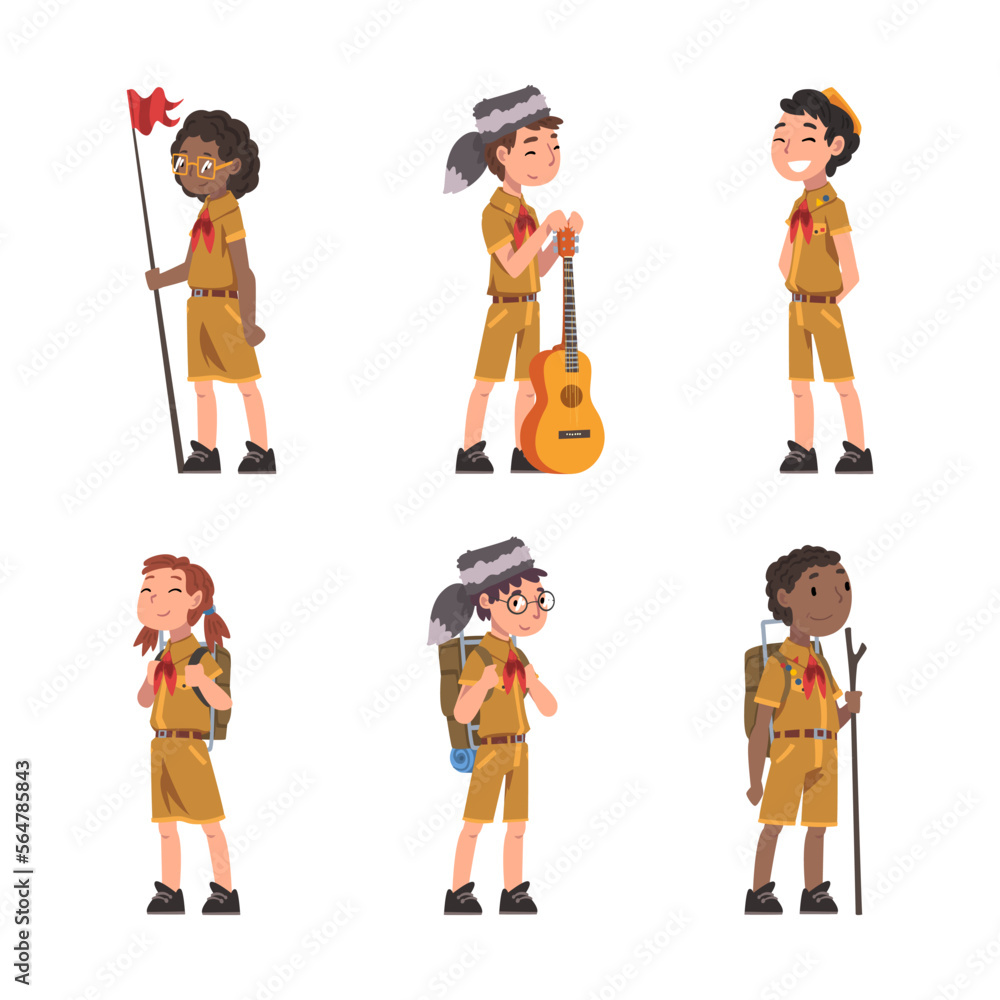 Little Boy and Girl Scout in Uniform Engaged in Adventure Vector Set ...