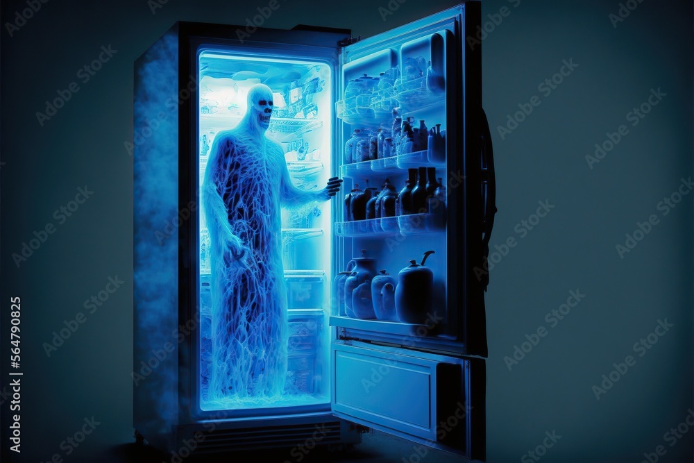 Surprised obese ghost opens refrigerator at night blue background ...